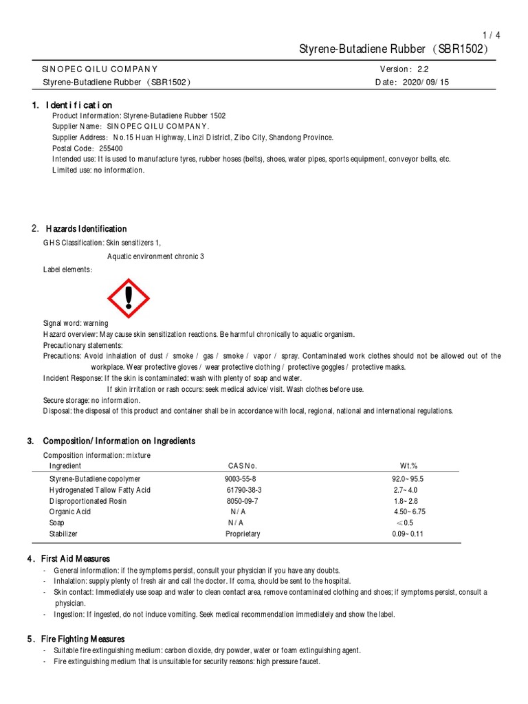 Sinopec Sbr1502 Msds (English) | PDF