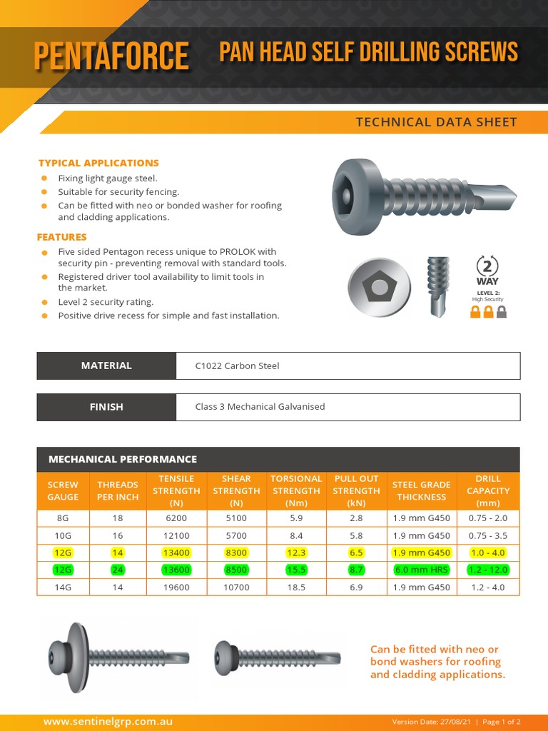 PFPSD Tech Data Sheet | PDF | Sheet Metal | Screw