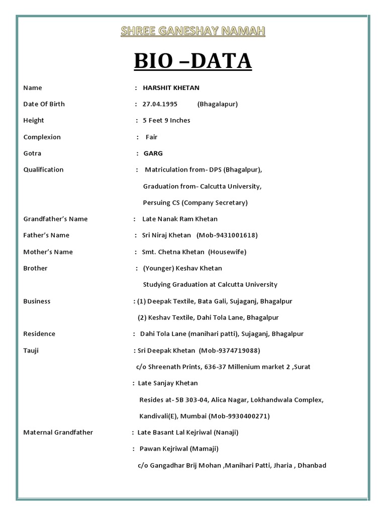BIO data harshit khetan | PDF