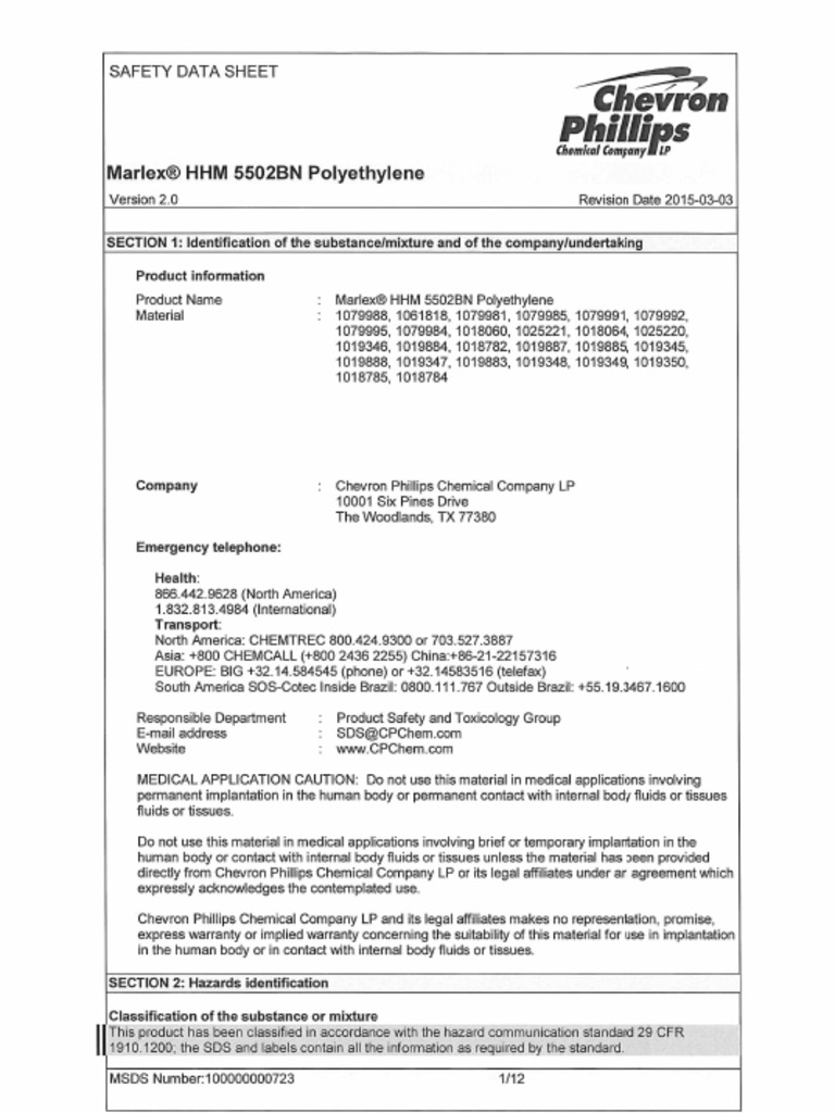 MSDS Chevron Phillips Marlex 5502 HDPE | PDF