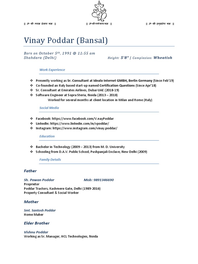 Bio Data Vinay | PDF