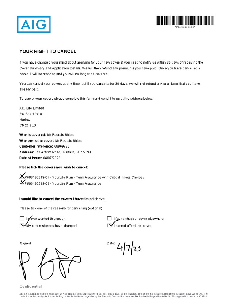 Your Right To Cancel Form | PDF