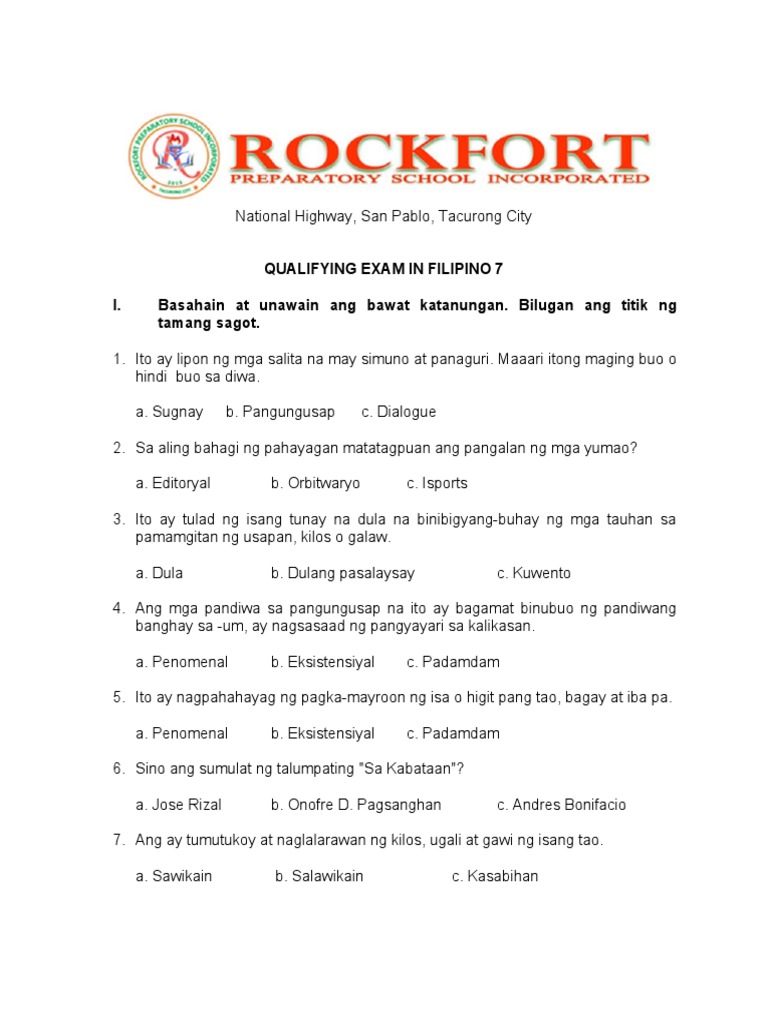 FILIPINO-7-QUALIFYING-EXAM Fial | PDF