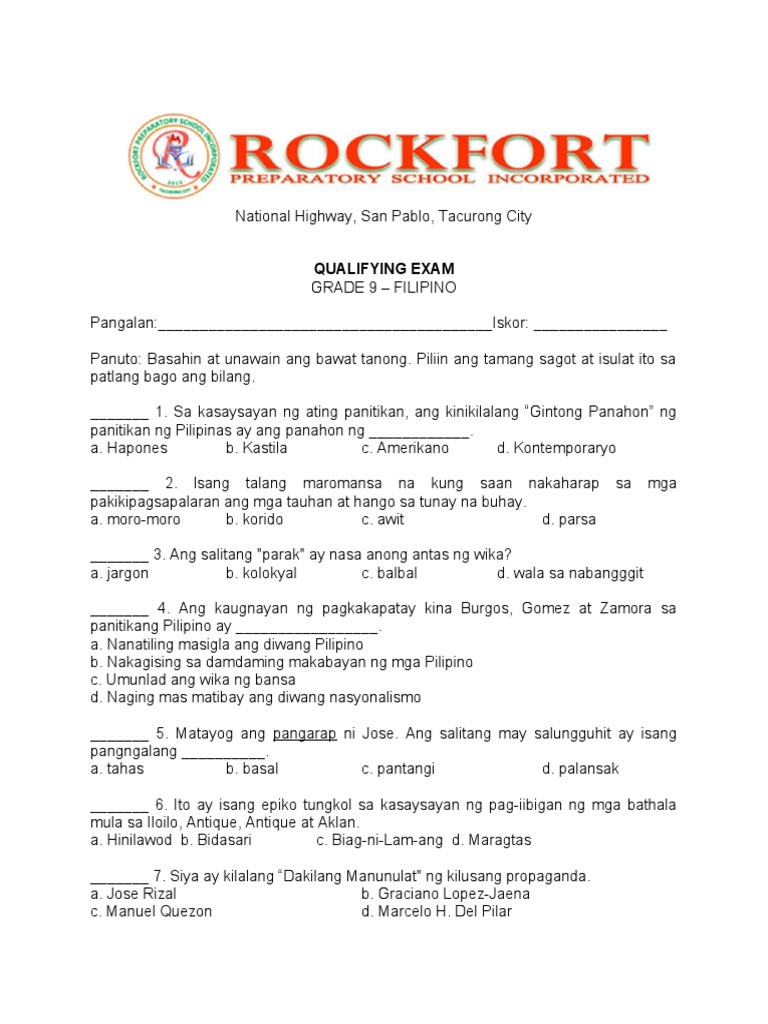 Filipino-9 Qualifying Exam Final | PDF