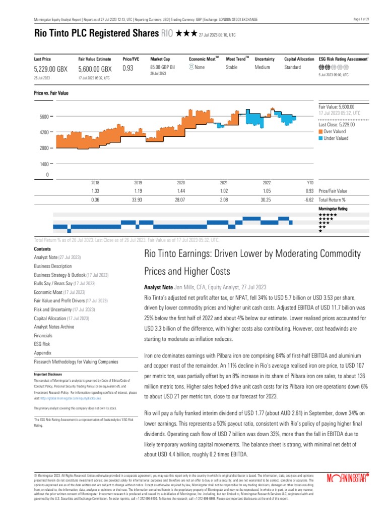 RIO - Rio Tinto PLC (Stock Report) | PDF | Financial Analyst | Mining