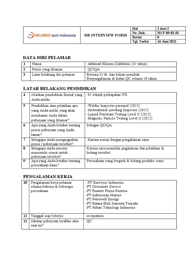 HR Interview Form | PDF
