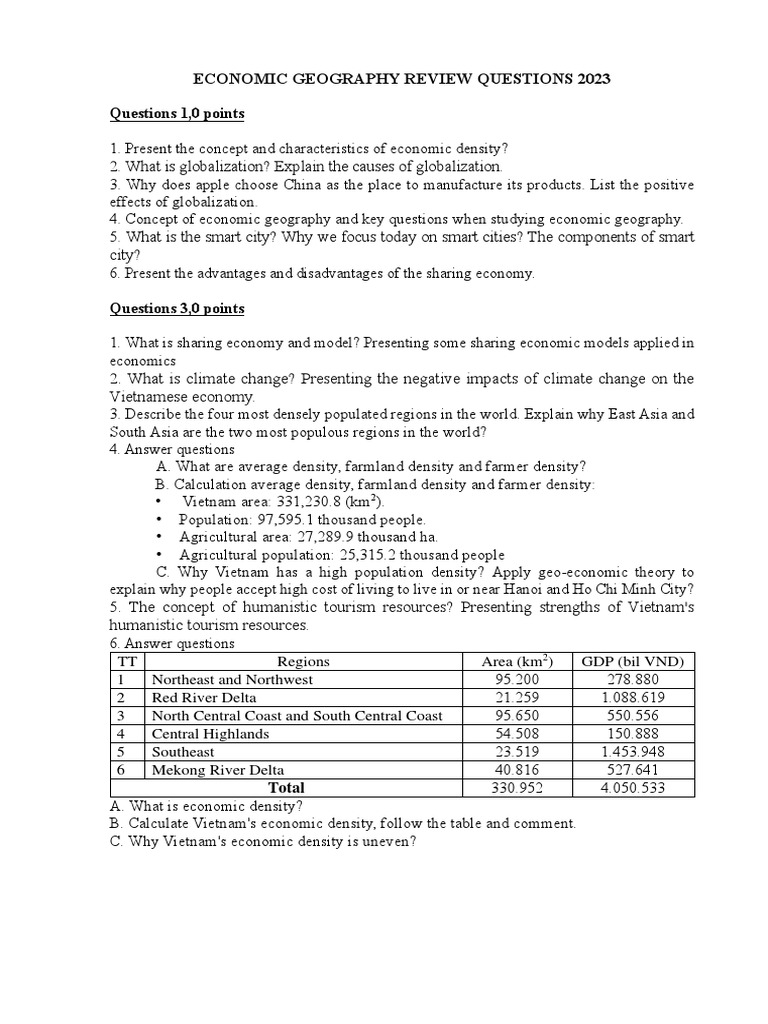Economic Geography Review Questions | PDF | Travel