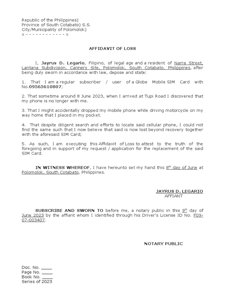 Affidavit of Loss for Mobile SIM Card | PDF | Social Science | Law