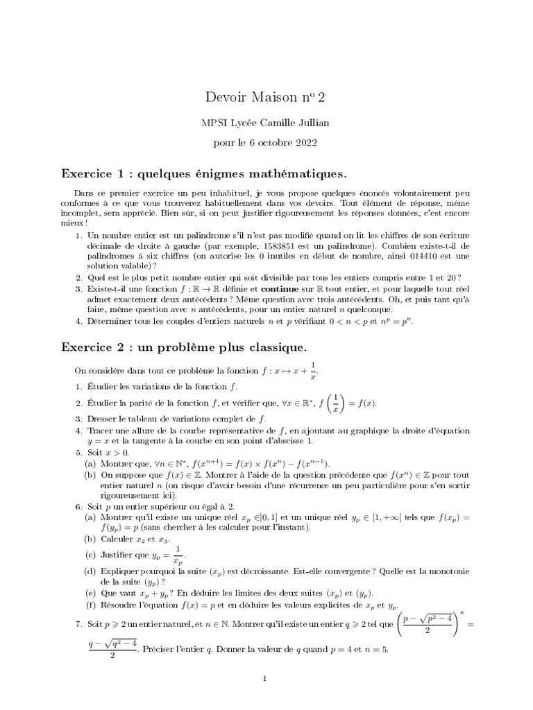 Devoir Maison N 2: Exercice 1: Quelques Énigmes Mathématiques | PDF | Entier naturel | Limite ...