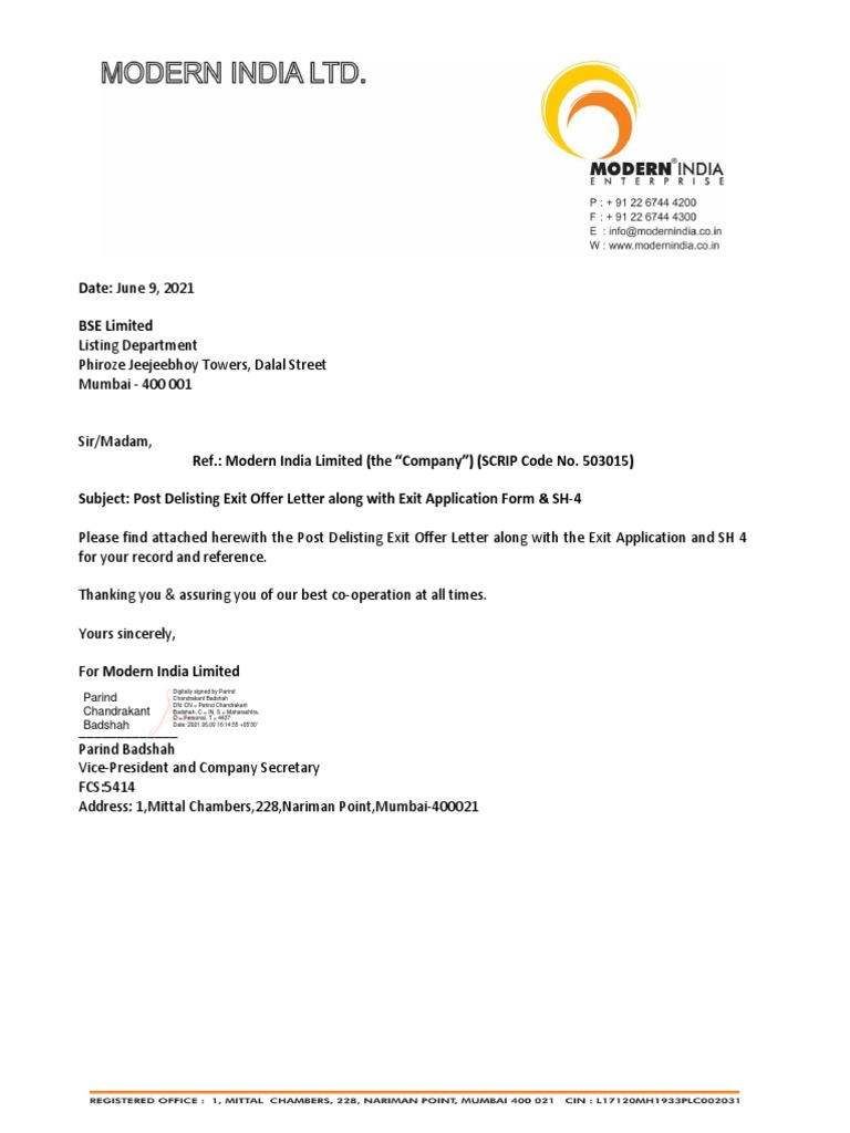 Modern India Limited Exit Offer Letter | PDF | Stocks | Signature