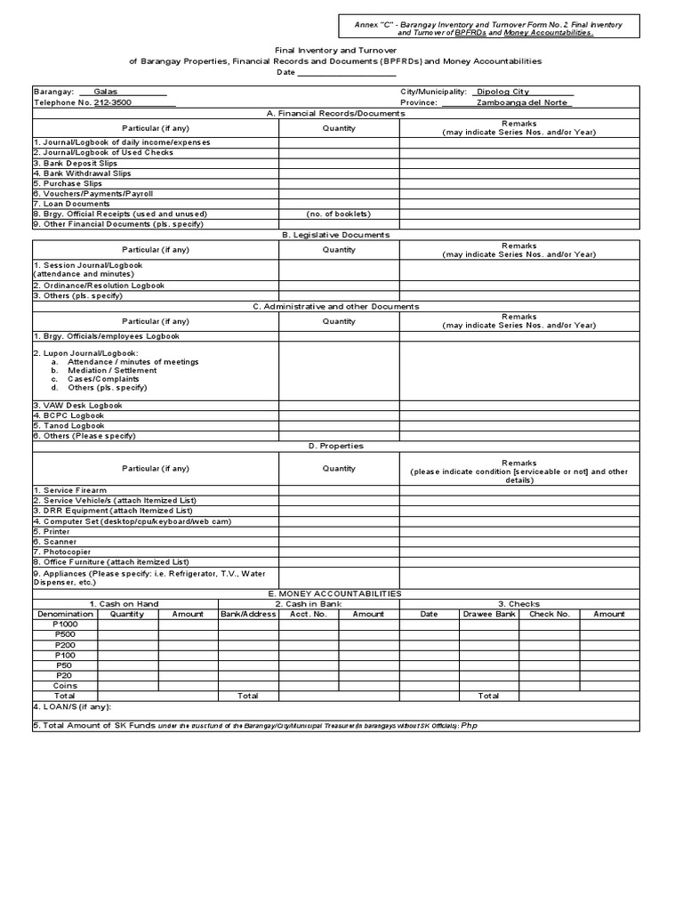 Annex C - Barangay Inventory and Turnover Form No. 2 Final Inventory ...