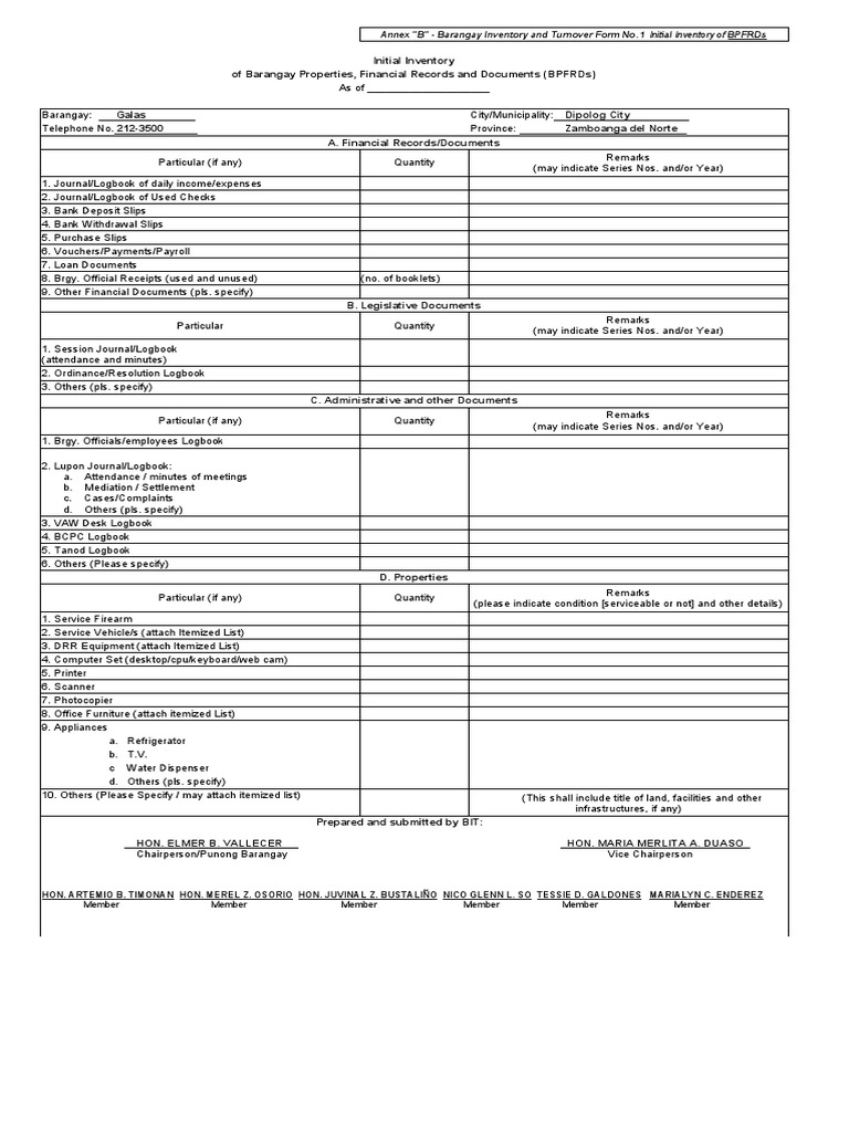 Annex B - Barangay Inventory and Turnover Form No. 1 Initial Inventory of BPFRDs | PDF
