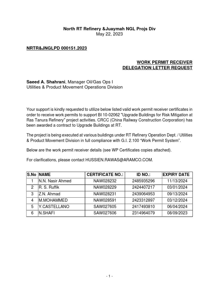 Approved Work Permit Receiver Delegation Letter Request | PDF