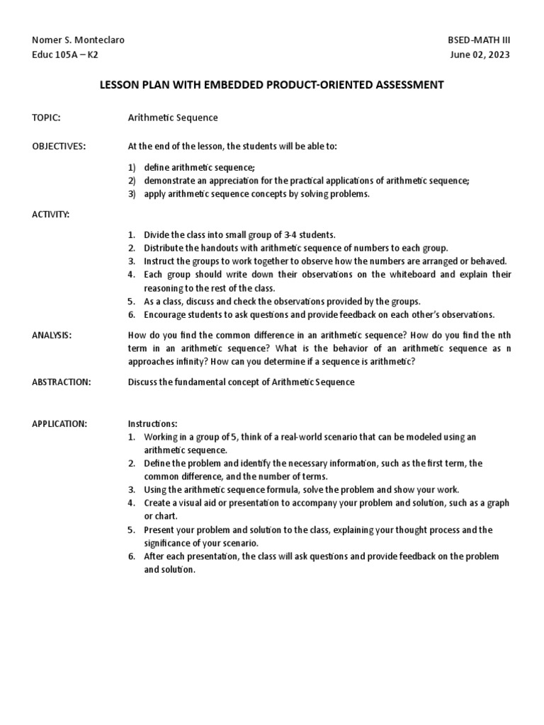 Arithmetic Sequence Lesson Plan | PDF