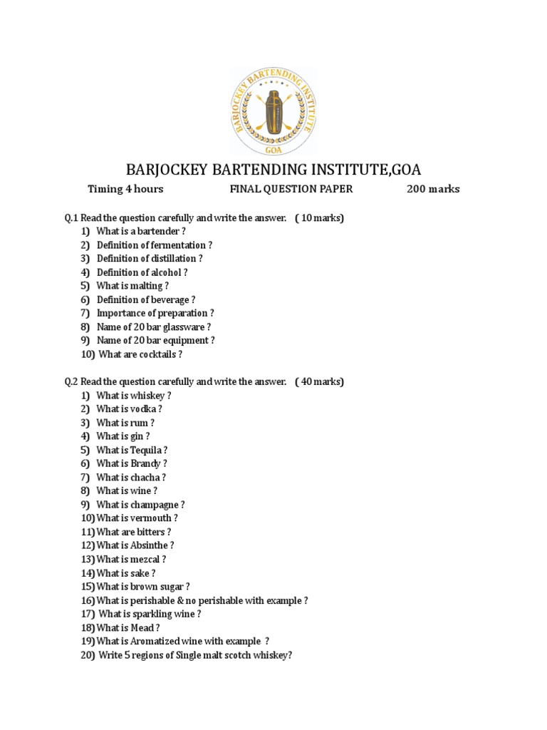New Question Paper | Download Free PDF | Bartending | Fermented Drinks