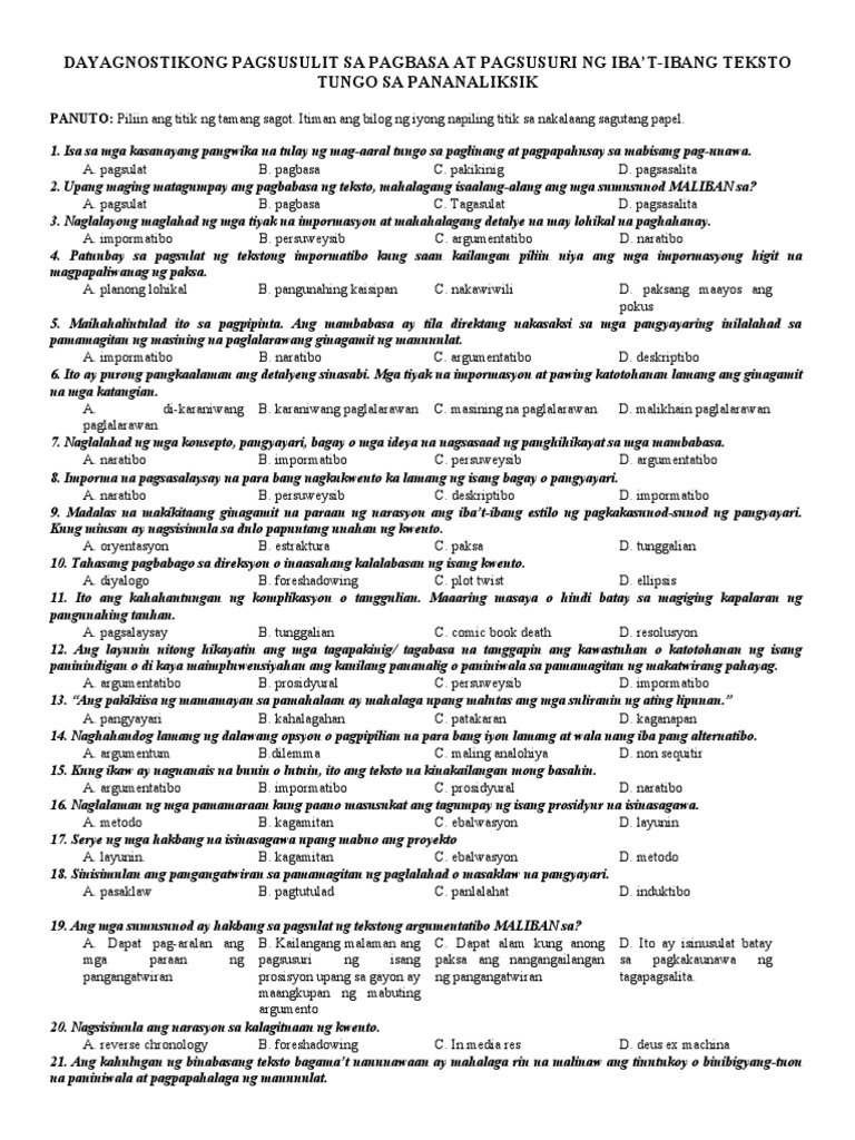 Diagnostic Exam PAGBASA | PDF