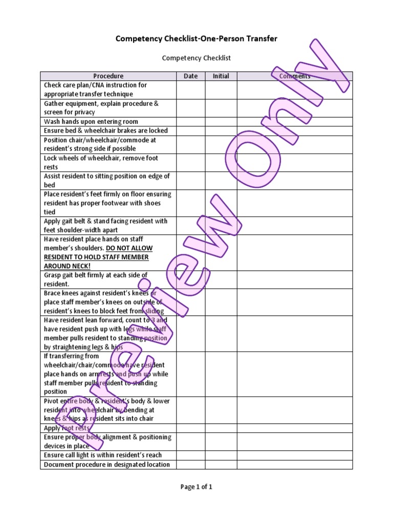 Competency Checklist-One-Person Transfer Preview | PDF