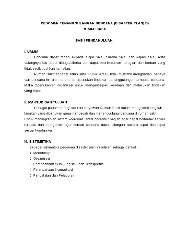 Pedoman Penanggulangan Bencana (Disaster Plan) Rsmu | PDF