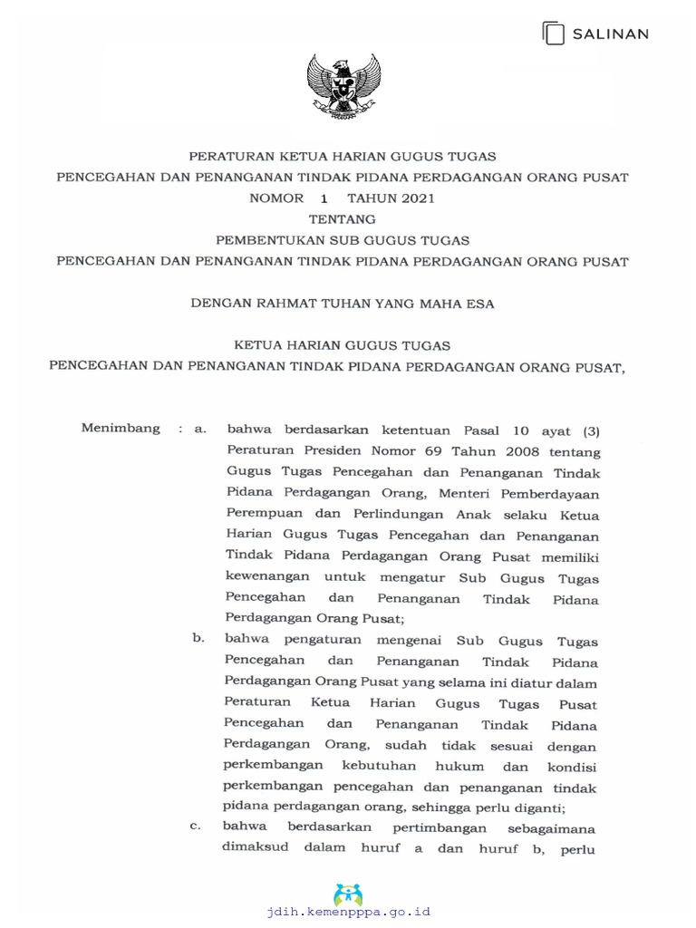 Peraturan Ketua Harian Gugus Tugas No 1 THN 2021 TTG Pembentukan Sub Gugus Tugas Pencegahan Dan ...