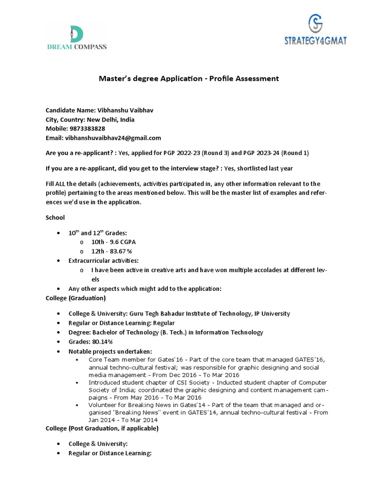 Masters Profile Assessment Form | PDF