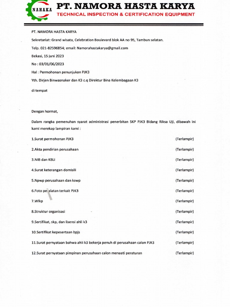 Surat Permohonan Penunjukan PJK3 | PDF