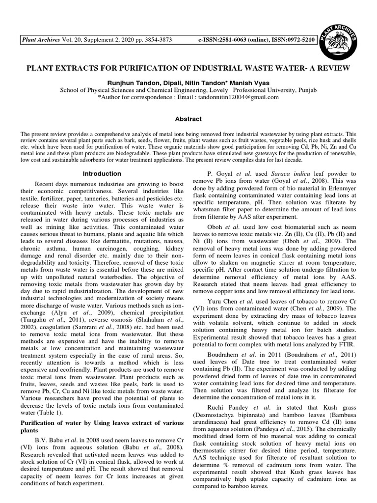 Plant Extracts for Wastewater Purification | PDF | Water | Lead
