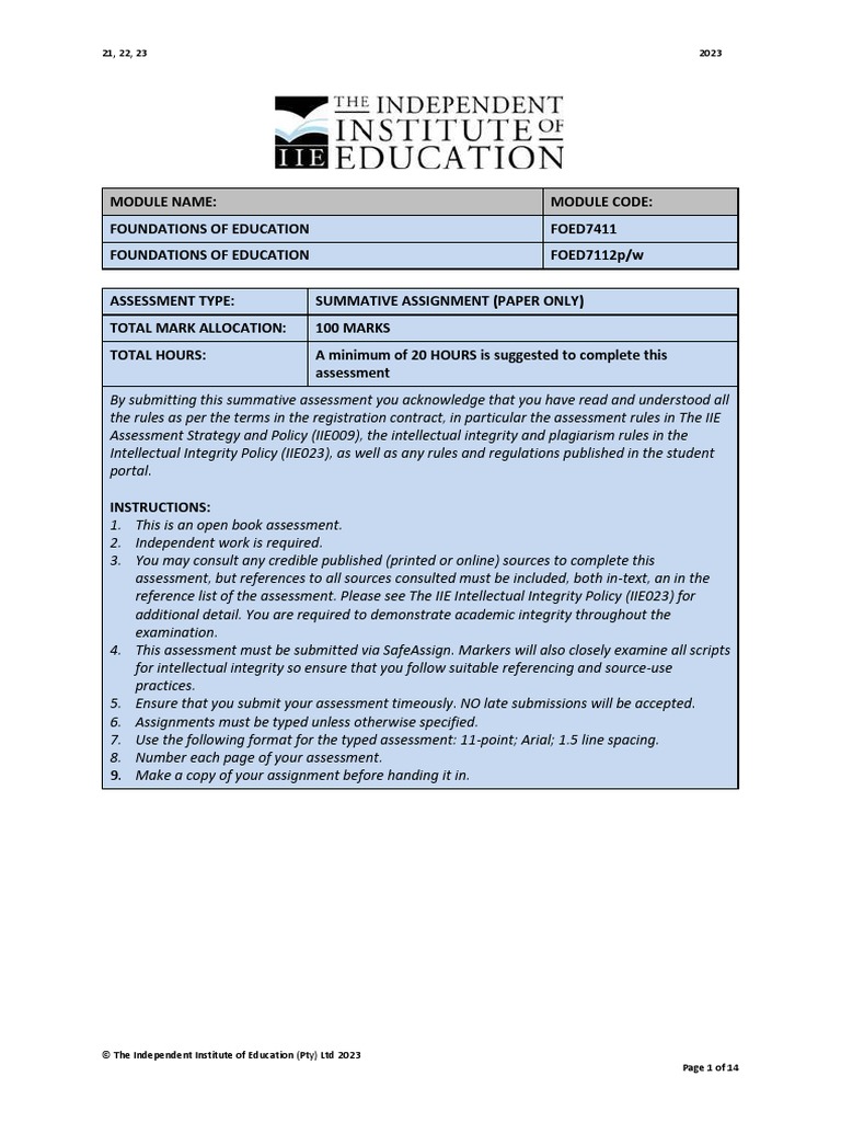 FOED7411 - Summative Assignment | PDF | Lesson Plan | Critical Thinking