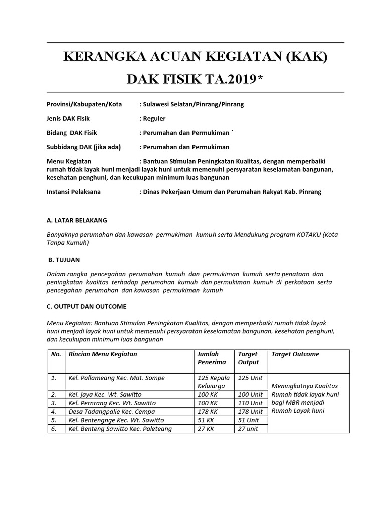 Draft Template Tor Proposal Kegiatan Dak Perkim Fisik Ta.2019 | PDF