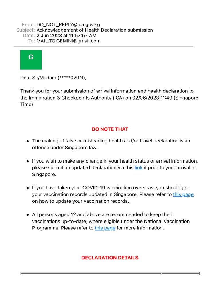 Acknowledgement of Health Declaration Submission | PDF | Government