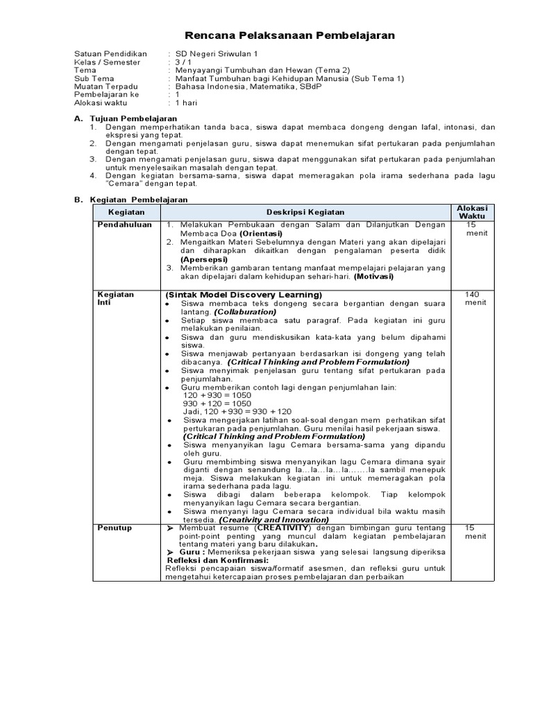 RPP Kelas 3 Tema 2 ST 1 Pembelajaran 1 K13 Rev 2020 | PDF