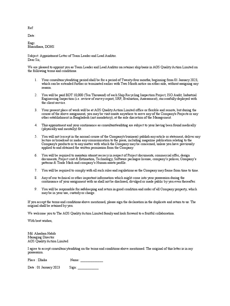 Appointment Letter of Team Leader and Lead Auditor | PDF | Audit | Business