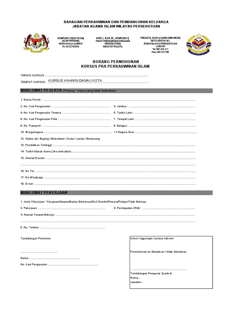 Borang Permohonan Kursus Praperkahwinan - KKD | PDF