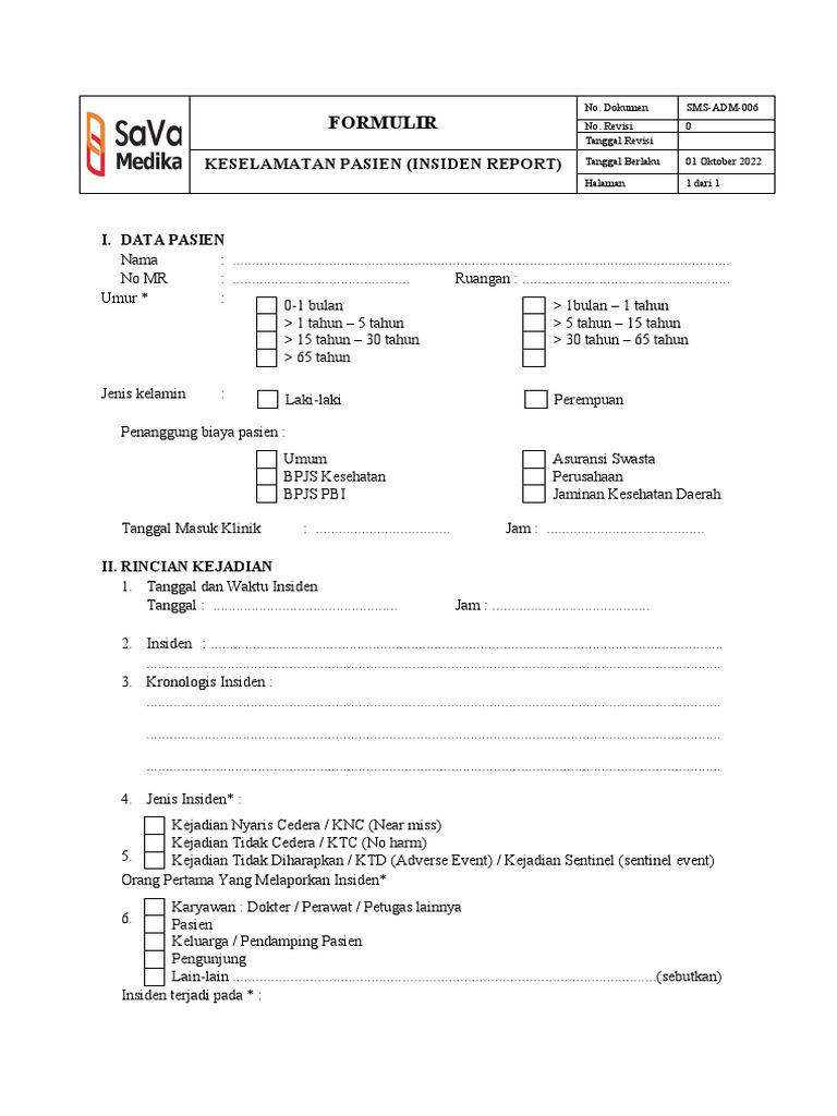 Sms-Adm-Fm - 006 Form Laporan Keselamatan Pasien Sava Medika | PDF