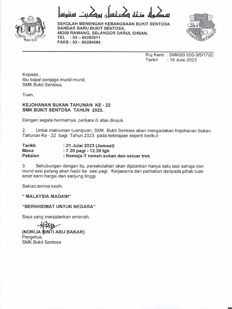 Surat Pemakluman Kejohanan Sukan Tahunan 2023 | PDF