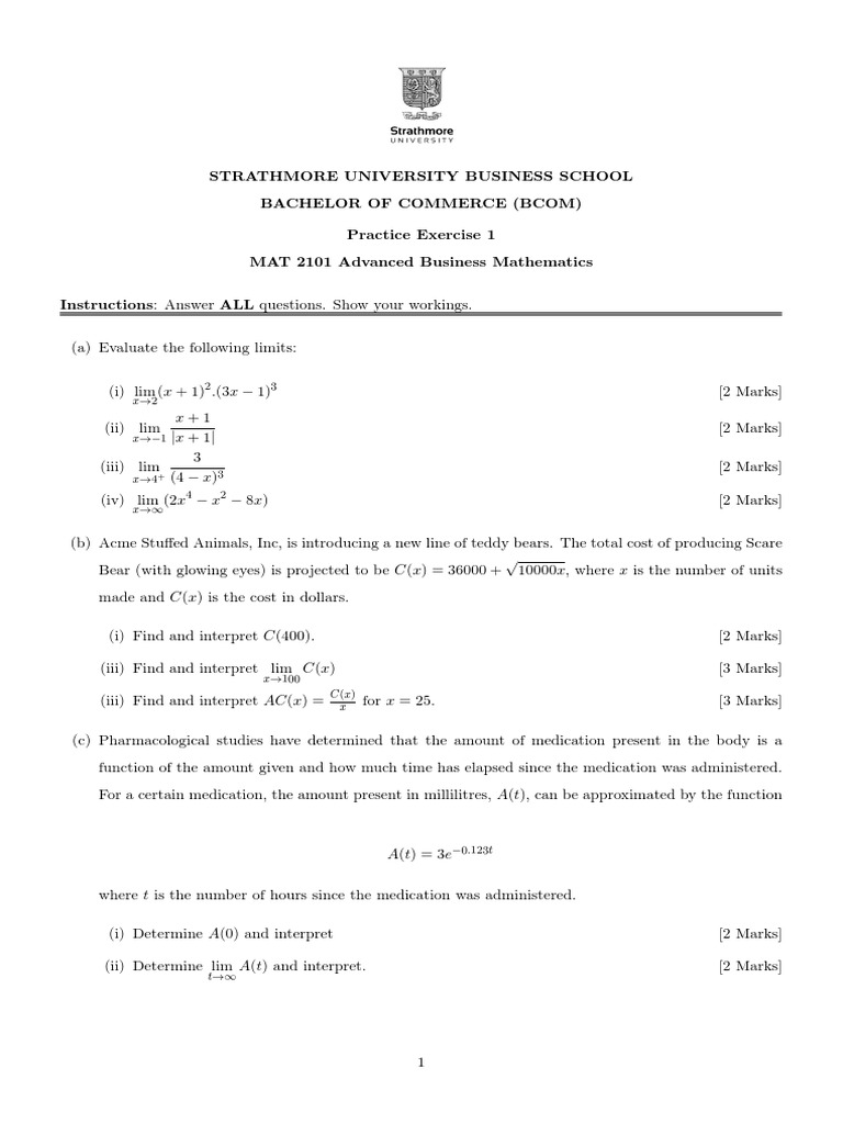 Practice Exercise 1 MAT 2101 | PDF | Function (Mathematics) | Mathematics