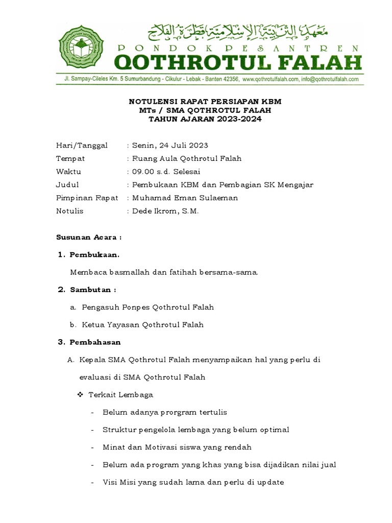 Notulen Rapat Pembagian Tugas Guru | PDF