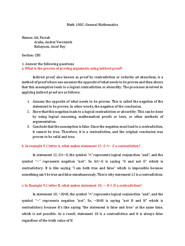 Group 1 Indirect Proof Activity Pdf Contradiction Logical Consequence