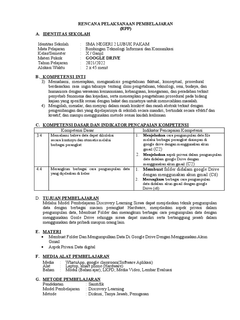 RPP Materi Google Drive (Informatika) | PDF