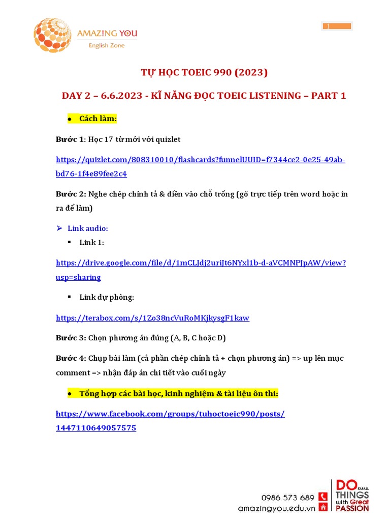 Tự học TOEIC 2023 - Day 2 - TOEIC Listening Part 1 (6.6) | PDF