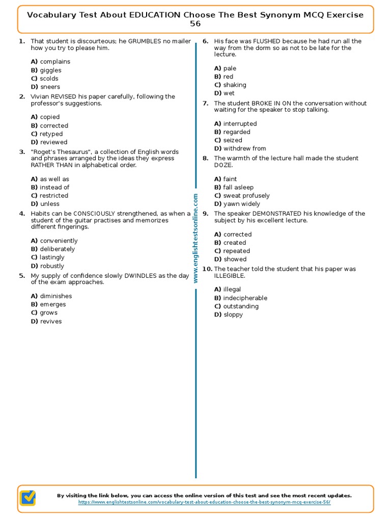 Vocabulary Test About Education | PDF