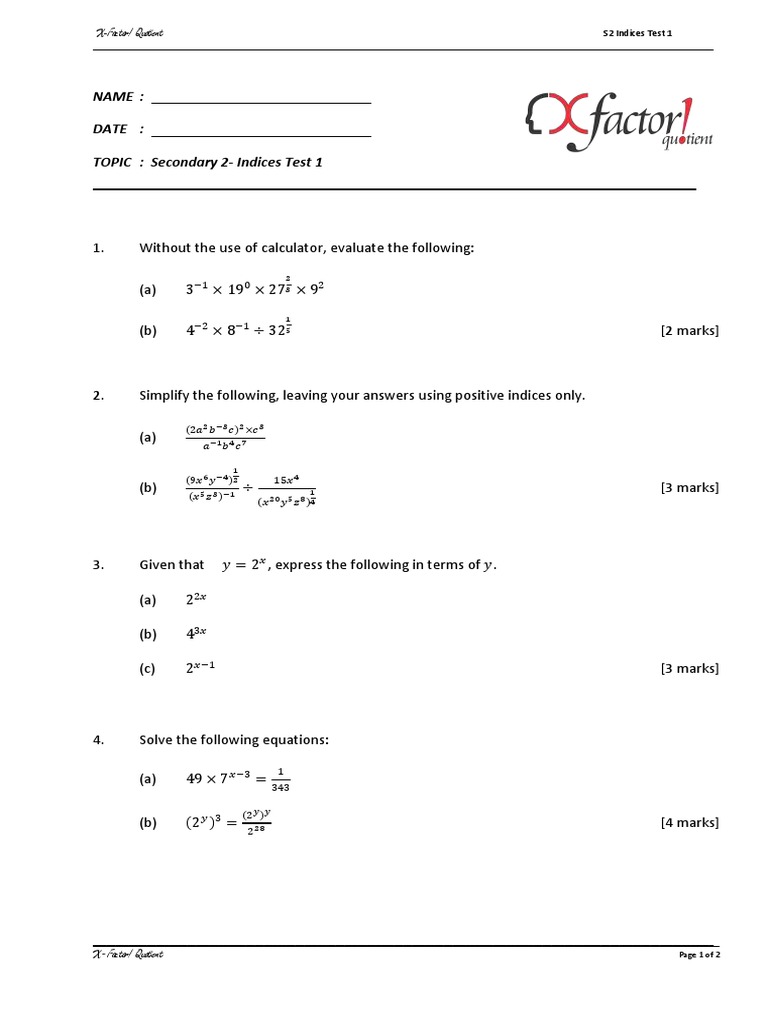 S2 Indices Test 1 | PDF | Mathematics | Applied Mathematics