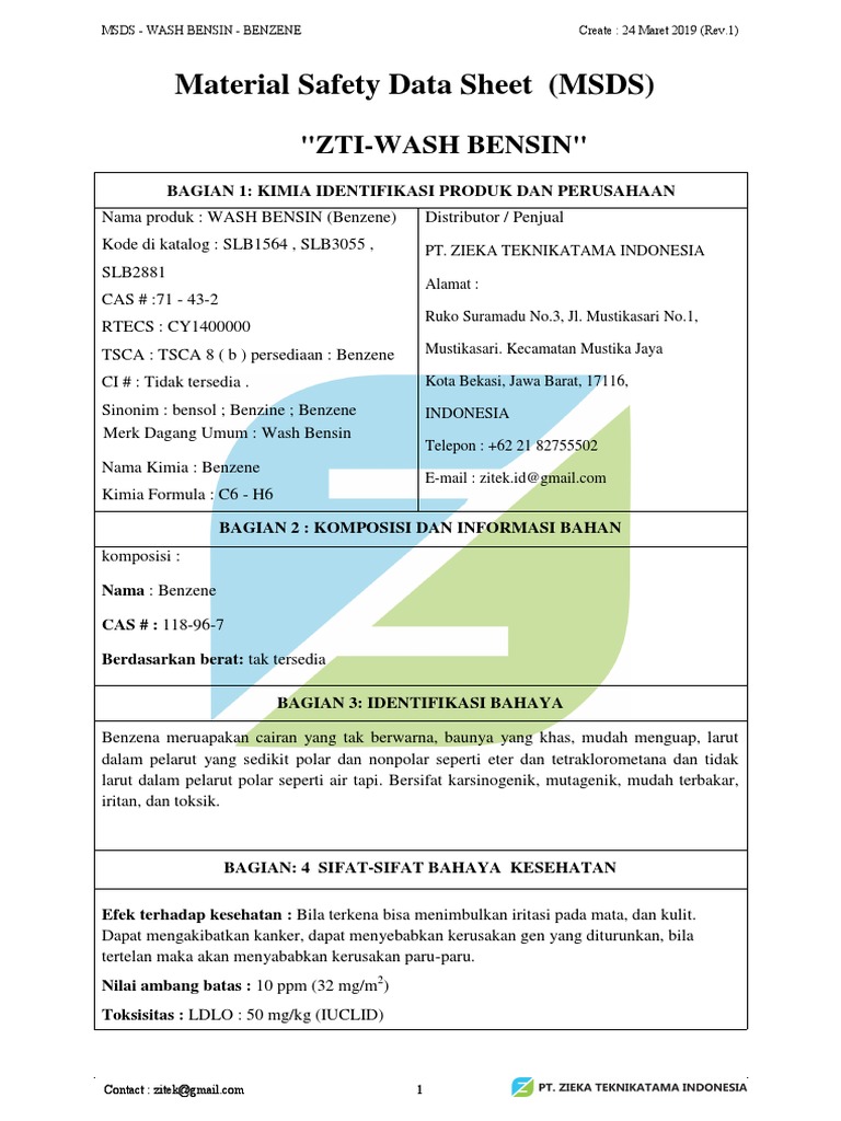 MSDS Wash Bensin (Benzene) Indonesia | PDF