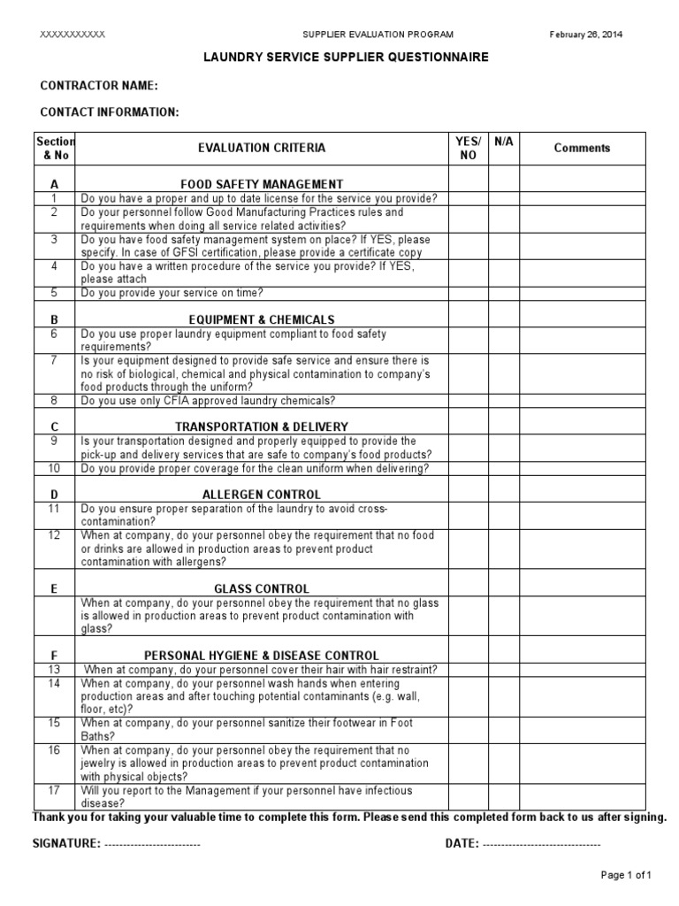 Laundry Service Supplier Evaluation Form - SAMPLE | PDF | Food Safety ...