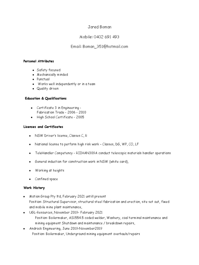 Jared Boman: Skilled Boilermaker Resume | PDF