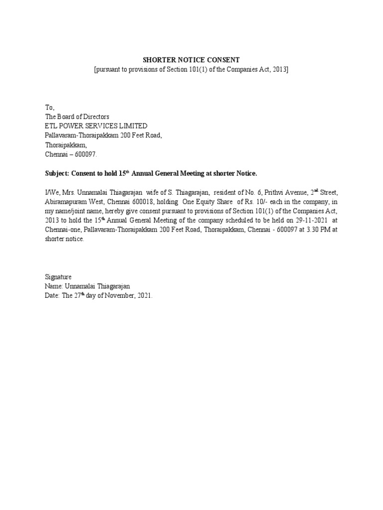 ETLPSL Consent For Shorter Notice. | PDF | Law | Technology & Engineering