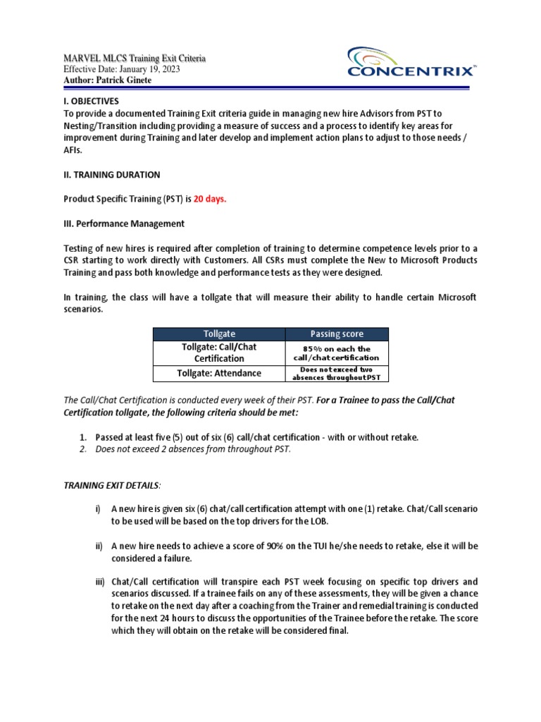 Raffy Gebaña - MLCS Exit Criteria Updated 01172023 - 20 Days | PDF