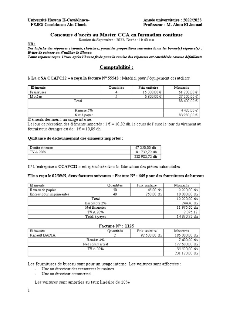 QCM Concours CCA FC Session Septembre 2022 2023 | PDF
