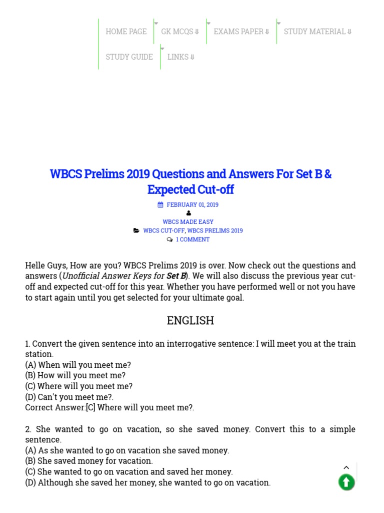 WBCS Prelims 2019-20 Questions and Answers For Set B | PDF | Atmosphere ...