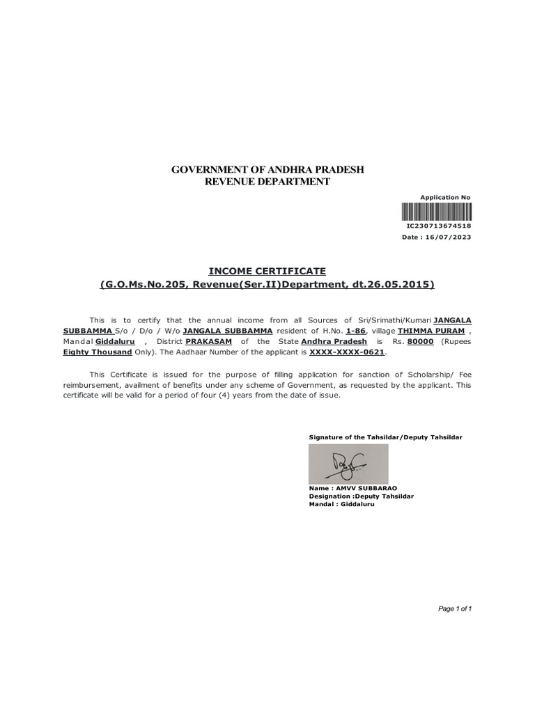 Income Certificate for Scholarship AP | PDF