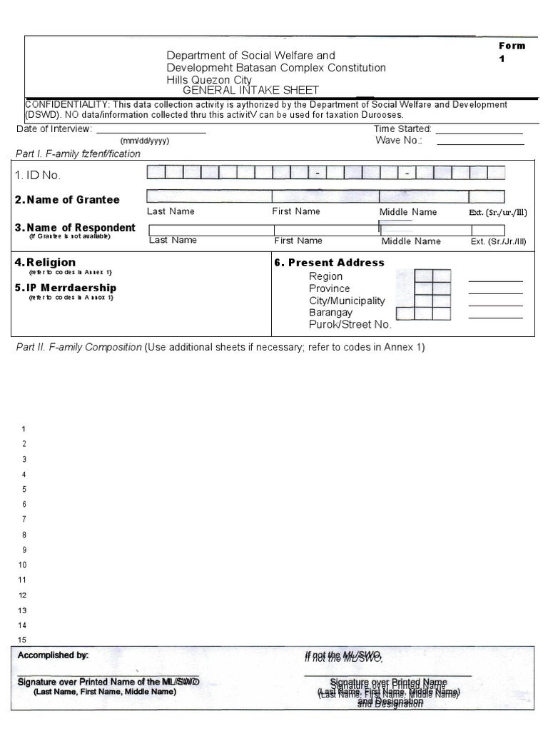 DSWD General Intake Sheet Form | PDF
